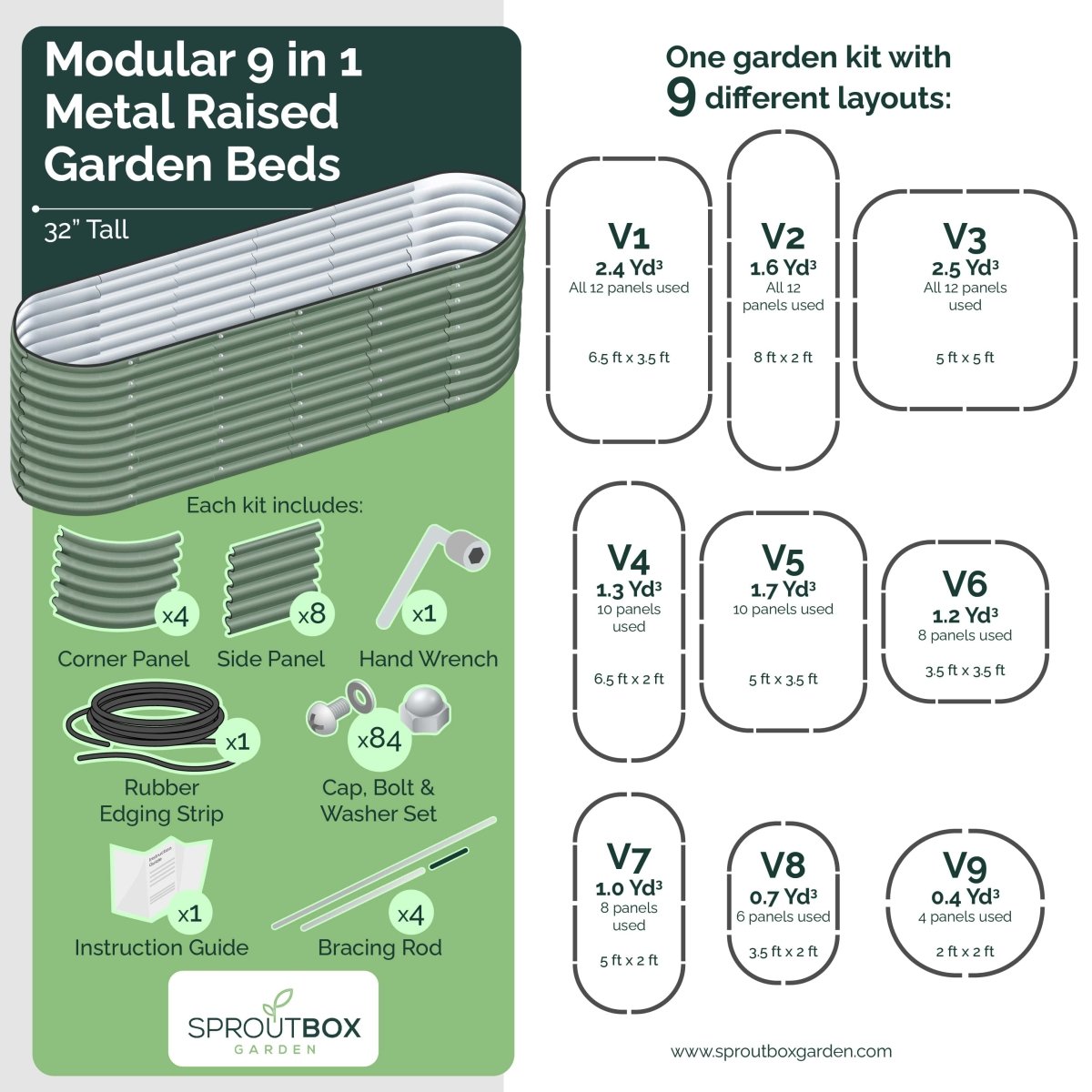 Sproutbox Modular 9 in 1 Metal Raised Garden Bed Kit 32" Tall
